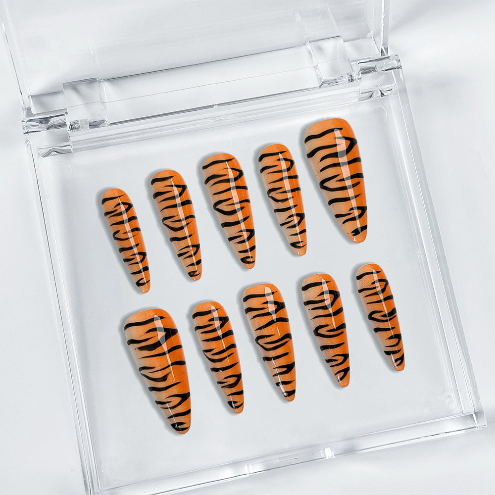Orange & Black Tiger Stripe Press On Nails | Reya Nails Luxury Fake Nails
